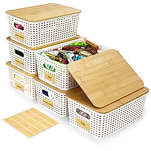 MOSANEE Small Plastic Storage Bins with Bamboo Lids 6 Packs,Decorative Storage Containers,Stackable Baskets for Organizing with Cute Label for Shelves Cabinets Pantry Playroom Office Home,Cream White