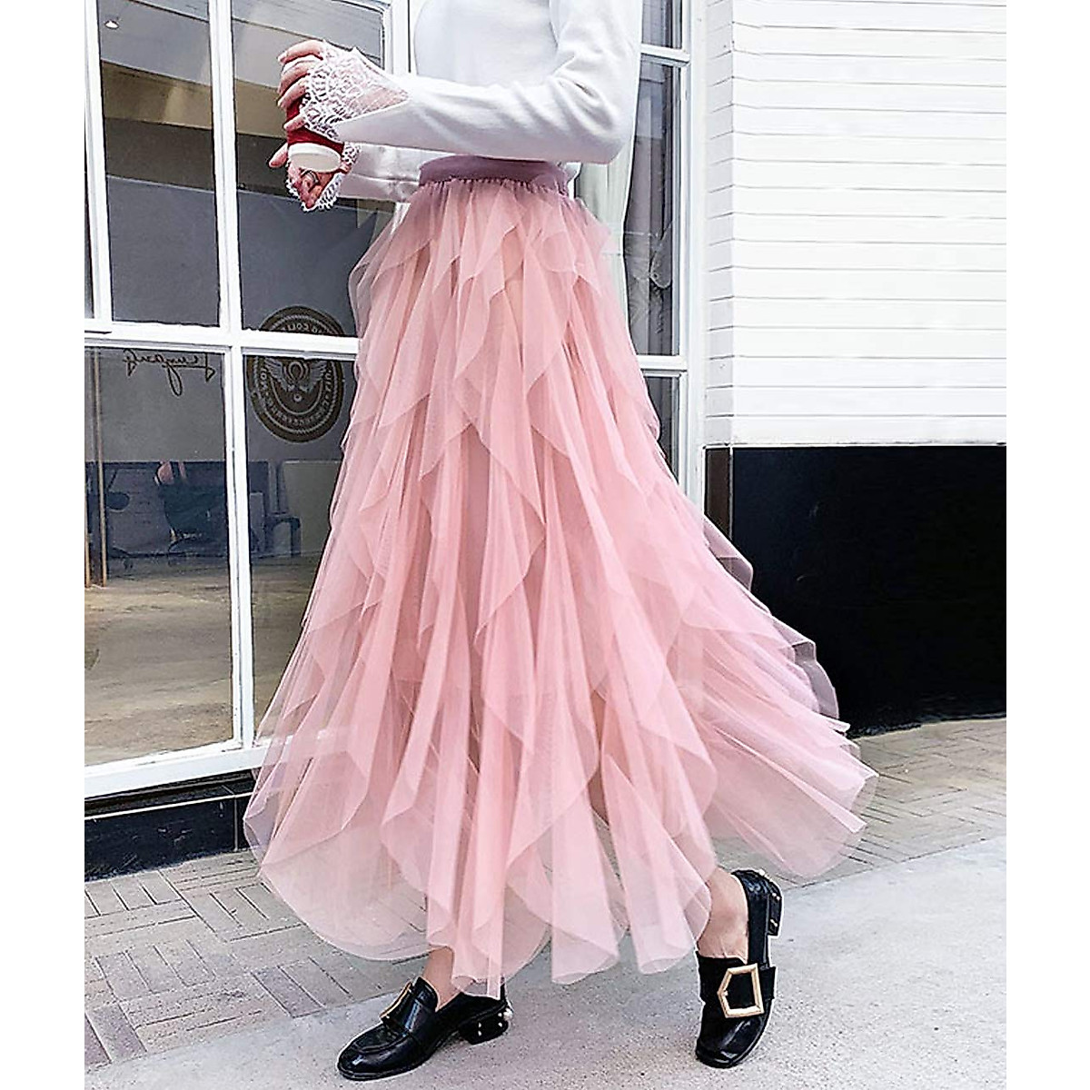 Femiserah Women's Long Rainbow A Line Tulle Tutu Skirts Tiered Skirt Petticoat（One Size, Tulle Pink