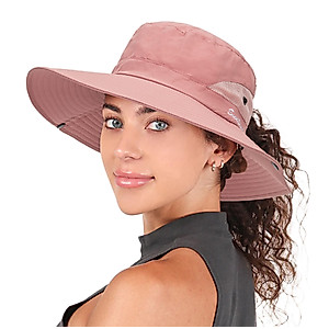 Womens Summer Sun Hat Beach Hat Wide Brim Outdoor UV Protection Hat Packable Mesh Bucket Hat with Ponytail Hole