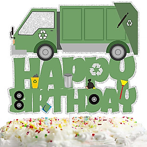 Green Glitter Garbage Truck One Cake Topper and 6PCS Dessert Cupcake Trash Cans Truck Waste Management Recycling Theme Decor Supplies Boys Girls Happy Birthday Party Decorations Set