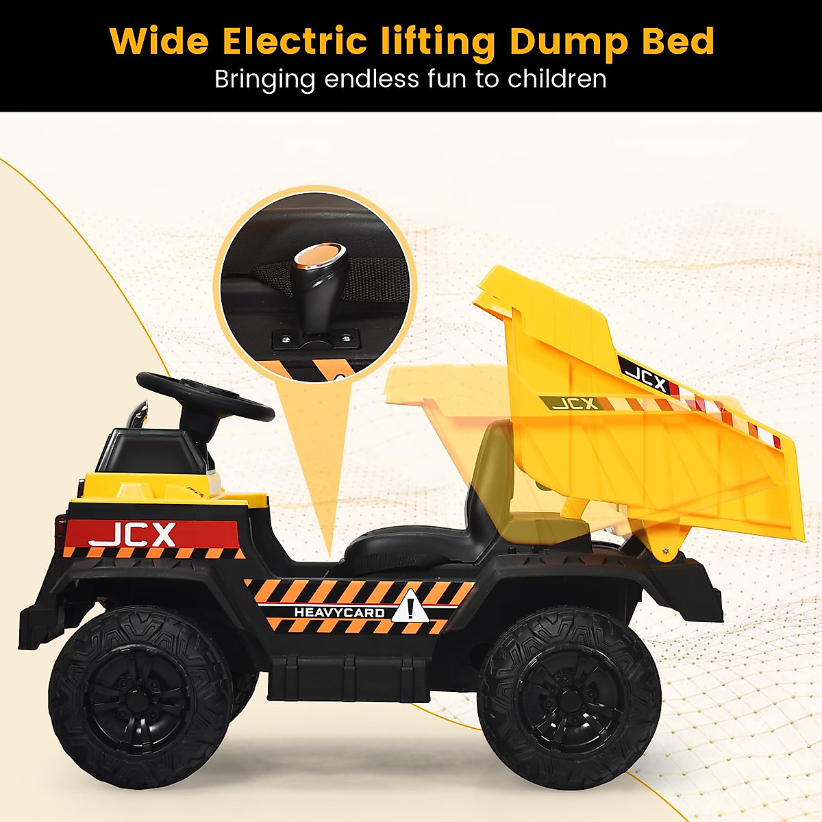 Costzon Ride on Car, 12V Ride on Dump Truck w/Remote Control, Electric Dump Bed, Music, Horn, USB, AUX, Treaded Tires, Shovel, 3 Speeds, Battery Powered Construction Vehicle, Electric Car for Kids