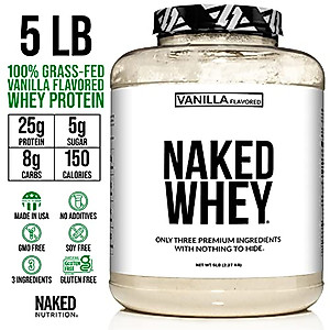Naked Whey Vanilla Protein – All Natural Grass Fed Whey Protein Powder + Vanilla + Coconut Sugar- 5lb Bulk, GMO-Free, Soy Free, Gluten Free. Aid Muscle Recovery - 61 Servings