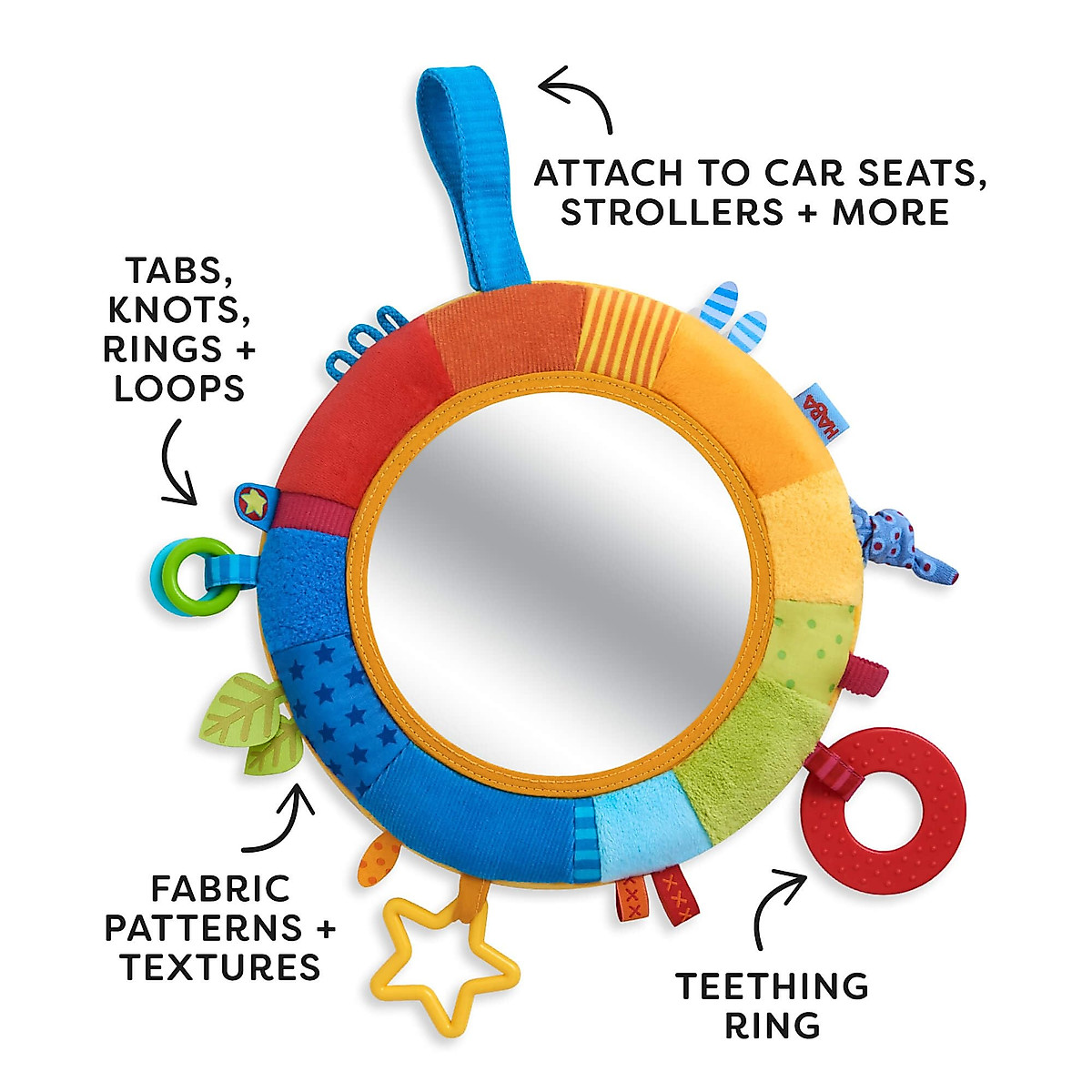 HABA Rainbow Discovery Mirror - Hang from Crib or Use as a Pillow with Entertaining Elements for Baby to Explore