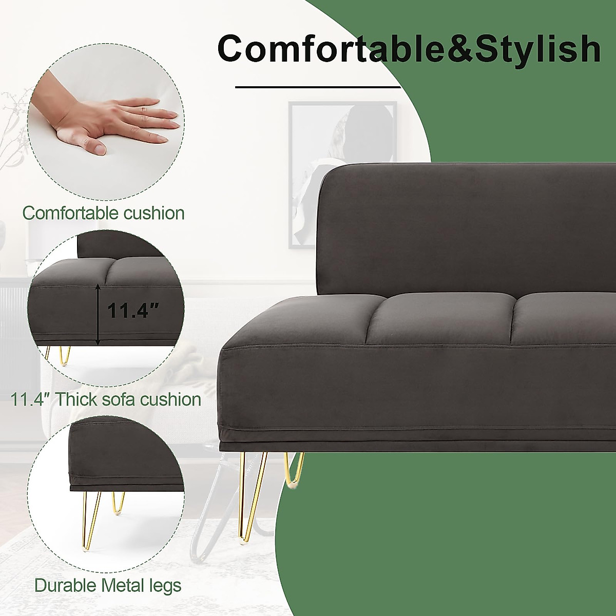 Vanress Modern Loveseat Sofa Couch,Velvet Sofa Settee,Upholstered Couch Bench with Gold Legs,Armless for Living Room, Bedroom, Apartment Small Spaces (56.23" Grey)