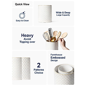 LE TAUCI Utensil Holder, 7.1" Ceramic Kitchen Utensil Holder for Counter top, Embossed Cooking Utensil Organizer for Spatula & Spoon, Kitchen Decor, Set of 1, Arctic White,Fireworks