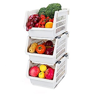 Baffect Pantry organizers, set of 3 Plastic Basket with rollers, Stackable Storage Bins for onions and potatoes (Beige)