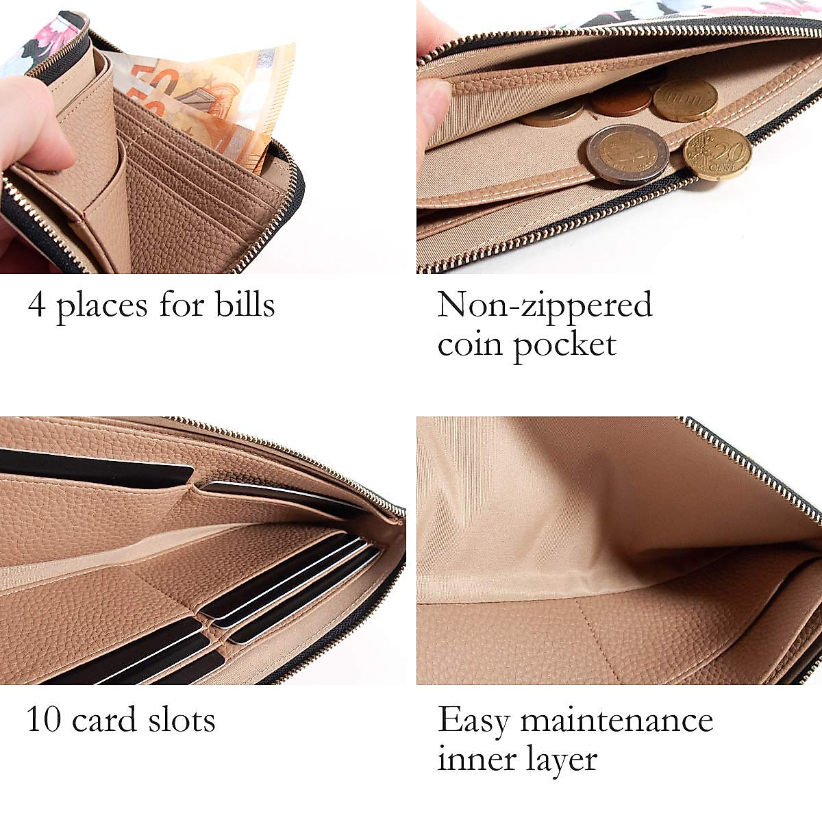 Charis HIGH FIVE Vegan Leather Botanical Floral Slim Wallet for Women Card Coin Purse Flower - Black