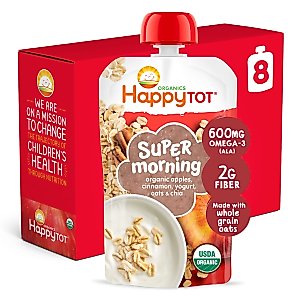 Happy Tot Organics Stage 4 Baby Food Pouches, Gluten Free, Super Morning Fruit & Oat Blend, Apple, Cinnamon, Yogurt, Oats & Chia, 4 Oz (Pack of 8)