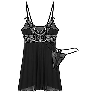 MSemis Sissy Babydoll Lingerie Nightie Dress Men Lace Sheer Tank Nightgown Crossress Nightdress Nightshirt Black X-Large