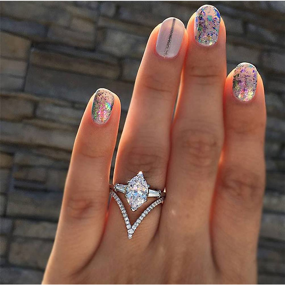 925 Silver Perfect Marquise Cut CZ Zircon 2.0 ct AAA Cubic Zirconia Promise Halo Shiny Half Full Diamond Gemstone V shape Triangle Ring Solitaire Ring Engagement Wedding Rings for Women (6)