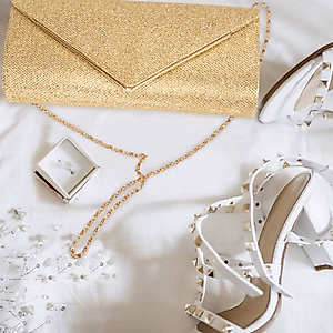 Larcenciel Clutch Purses for Women, Sparkling Envelope Evening Bag with Detachable Chain, Glitter Sequins Metal Formal Handbag Shoulder Crossbody Bag Prom Party Purse Bridal Wedding Clutch Bag(Gold)