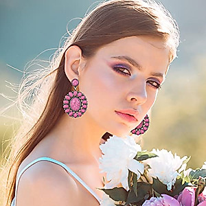 Bonuci 4 Pairs Turquoise Oval Earrings Vintage Western Drop Dangle Earrings Boho Jewelry for Women Feather Aesthetic Earrings Western Earrings Waterdrop Dangling Jewelry Bohemian Oval Earring(Pink)