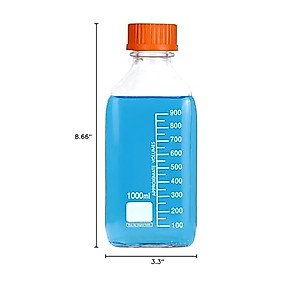 Pastein 4 Pack 1000 mL Graduated Square Reagent Media/Storage Glass Bottle With GL45 Orange Polypropylene Screw Cap