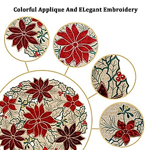 OWENIE Christmas Placemats Set of 4, Embroidered Applique Round Placemats Set of 4, Red Velvet Poinsettia Flower Linen Table Mats for Holiday Kitchen Dining Table Decorations (15 Inch)