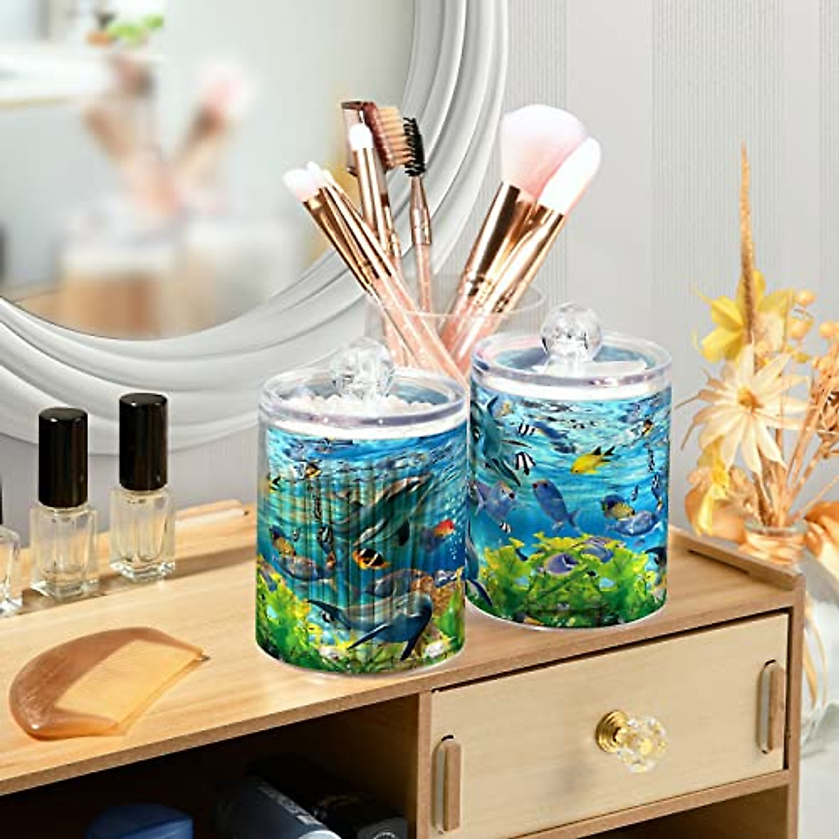 MNSRUU 2 Pack Qtip Holder Organizer Dispenser Abstract Fish Sea Animal Underwater Bathroom Storage Canister Cotton Ball Holder Bathroom Containers for Cotton Swabs/Pads/Floss