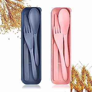 Travel Utensil Set with Case, 2 Sets Forks Spoons and Knives Set, Wheat Straw Reusable Plastic Utensils, Portable Cutlery Set, BPA Free Lunch Box Utensils Set for Work, Dorm, Camping (Pink, Blue)