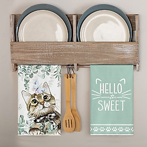 Artoid Mode Eucalyptus Leaves Cat Hello Sweet Kitchen Towels Dish Towels, 18x26 Inch Buffalo Plaid Bow Tie Holiday Decoration Hand Towels Set of 2