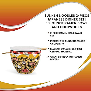 Toynk Sunken Noodles Japanese Dinnerware Set | 16-Ounce Ramen Bowl and Chopsticks