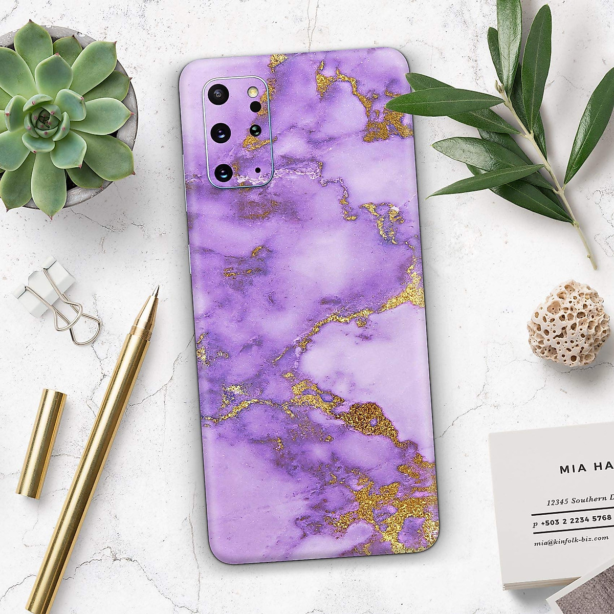 DesignSkinz Purple Marble & Digital Gold Foil V2 Protective Vinyl Decal Wrap Skin Cover Compatible with The Samsung Galaxy S20 (Screen Trim & Back Glass Skin)