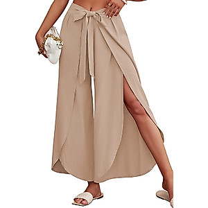 ReachMe Womens Casual Palazzo High Waisted Flowy Wide Leg Pants Bowtie Front Split Wrap Pants Trousers(1 Beige,XL)