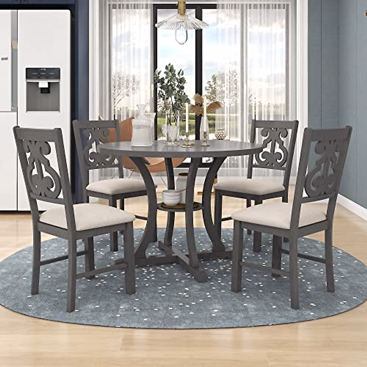 AOCOROE Round Dining Room Table Set for 4, Wood Dining Set with 42 Inch Round Table and 4 Padded Chairs, 5 Pieces Dining Table Set for Dinette Kitchen and Dining Room