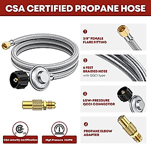PatioGem 6FT Propane Hose with Regulator Low Pressure, Fit for Weber Grill Most LP Gas Stove Grill, Patio Heater, Fire Pit, 3/8 Female Flare Nut, with Adapter for Blackstone 17" 22" 28'' 36'' Griddle