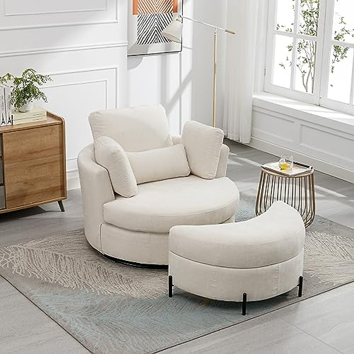 Oversized Swivel Accent Barrel Chair with Storage Bench Large Ottoman+4 Pillows,Comfy Upholstered 360 Recliner Sofa Club Chaise Leisure Round Loveseat Lounge Armchair for Living Room/Hotel/Nursery