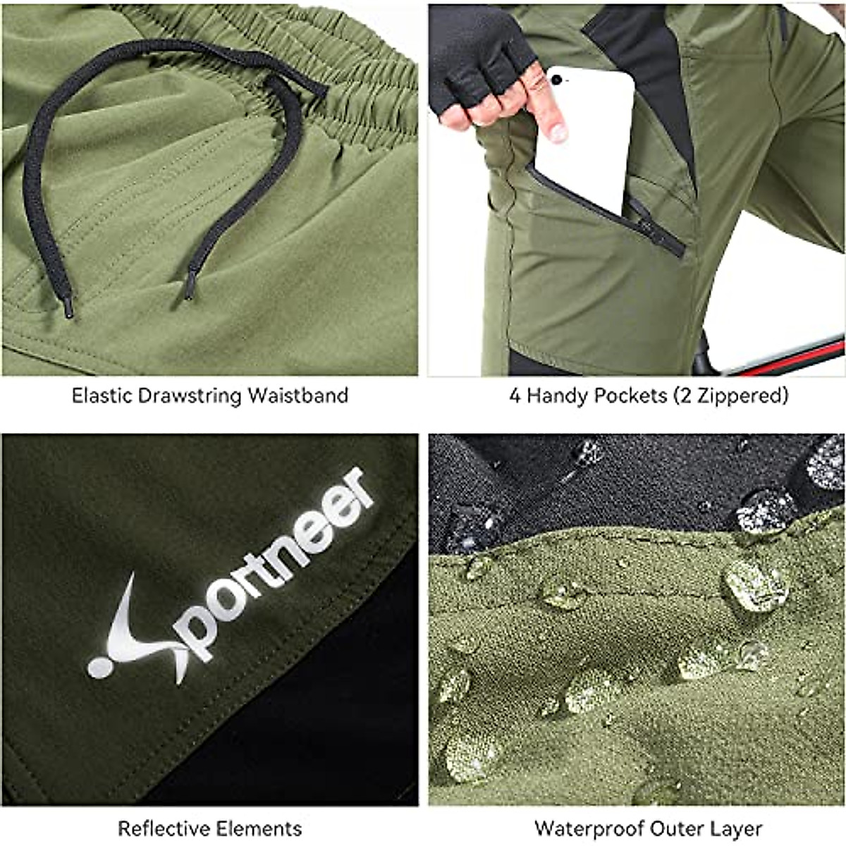 Sportneer Mens Mountain Bike Shorts - 3D Padding MTB Cycling Shorts for Men with Liner and Loose Fit (Large, Green)
