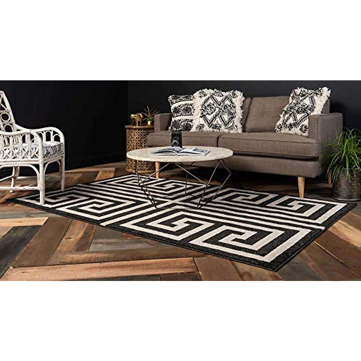 Unique Loom Athens Collection Classic Geometric Modern Border Design Area Rug, 9 ft x 12 ft, Black/Beige