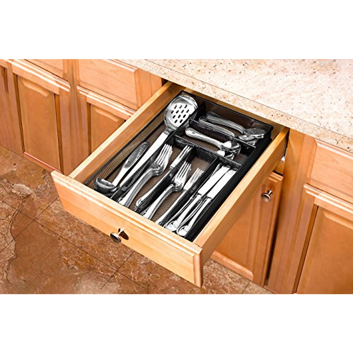 Flatware Drawer Organizer - Slip Resistant Kitchen Tray with 6 Sections to Neatly Arrange Cutlery and Serving Utensils. Also Great to Keep Your Desk Drawer and Office Supplies Well Organized (Black)