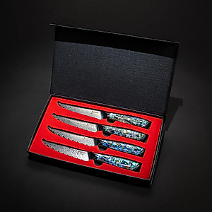 SENKEN 4-Piece Damascus Steak Knife Set - Umi Collection - 67-Layer Japanese VG10 Steel, Real Deep-Sea Abalone Shell Handle (4-Piece Damascus Steak Knife Set)