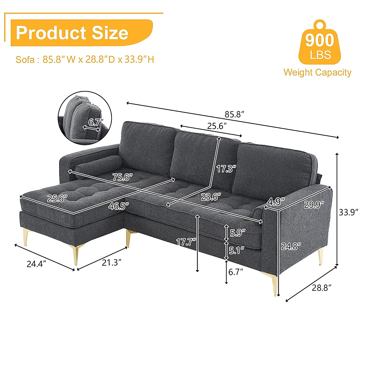 VINGLI 85.8" Convertible Sectional Sofa with Deep Seat,Modern L Shape Sectional Couches for Living Room,Sectional Sofas with Reversible Chaise (Boucle, Dark Grey)