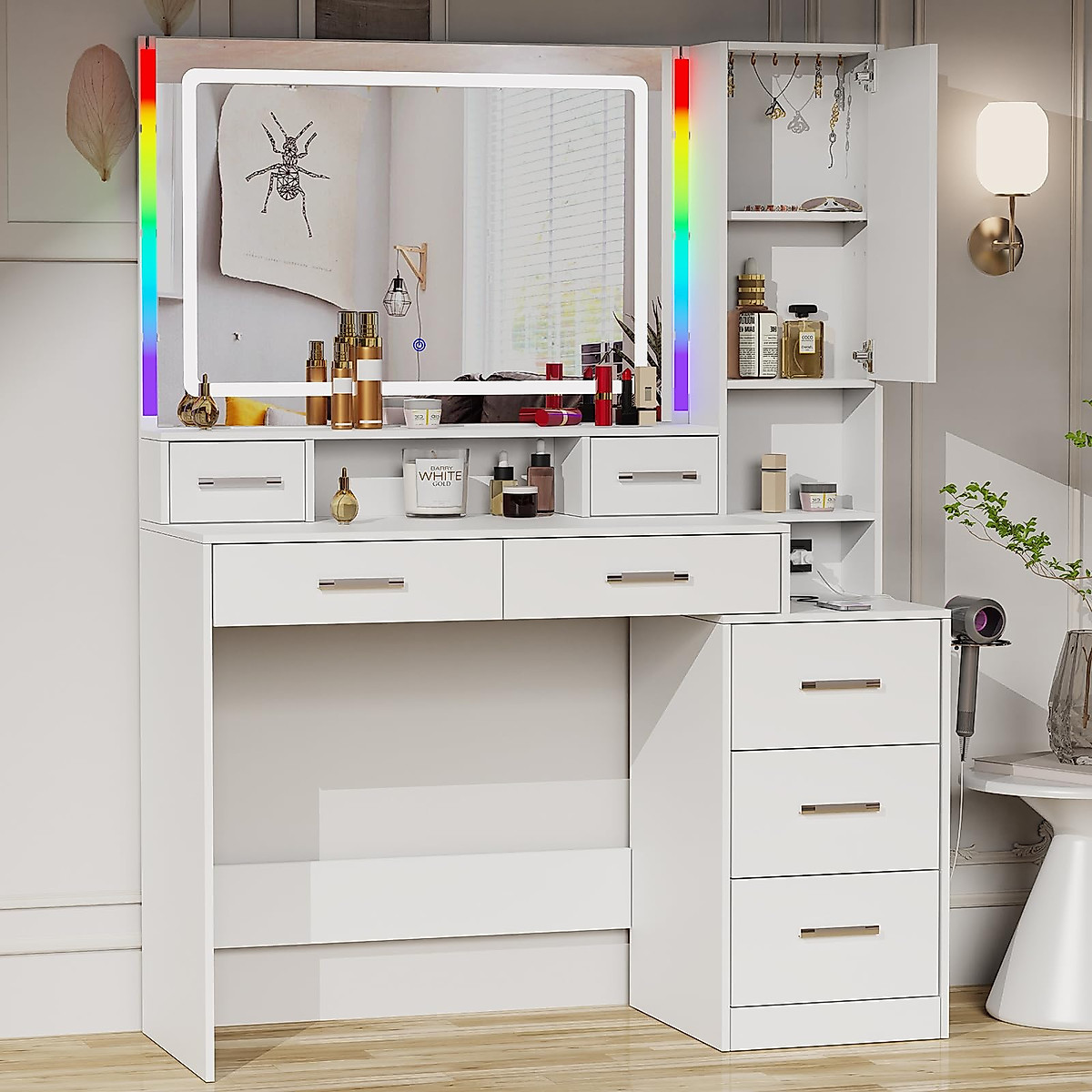 Hiwelldas Vanity Desk with Mirror and Lights, 43.3'' Large Makeup Vanity Table with Ambient Light 3 Lighting Modes Brightness Adjustable, Dressing Table with with Charging Station,7 Drawers
