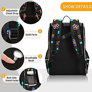 XUWU Custom Personalized Autism Awareness Colorful Puzzle Backpack with Reflective Strip for Kids Boys Girls Elementary School Bag Removable Chest Strap
