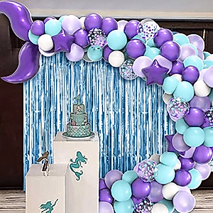 JOYYPOP Mermaid Balloon Garland Kit 121pcs with Mermaid Tail Foil Balloons, Light Blue Foil Fringe Curtain for Mermaid Ocean Theme Party Under The Sea Party Decorations(purple)