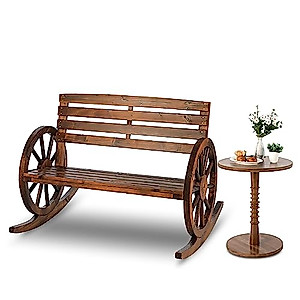 FURNDOOR Outdoor Rocking Chair with Table - Wooden Wagon Wheel Rocking Chairs Patio Double Rocker Chair Wood Patio Bistro Set for Porch Bench, Rustic