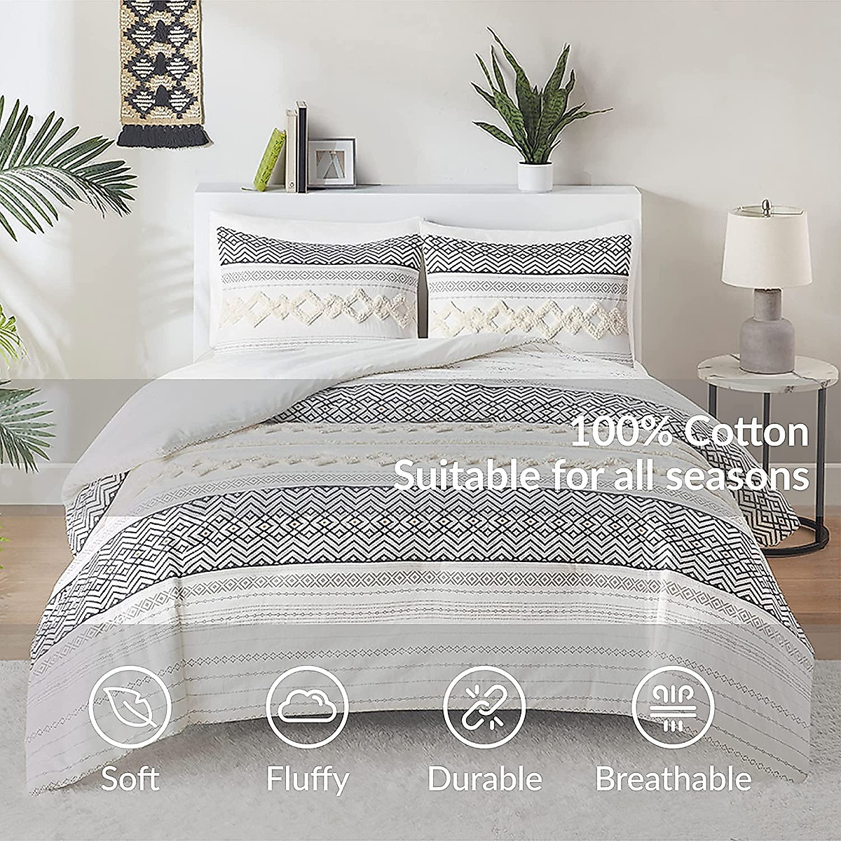 Hyde Lane Farmhouse Bedding Comforter Sets, Ivory Full/Queen Size Boho Bed Set,Cotton Top with Modern Neutral Style Clipped Jacquard Stripes, 3-Pieces Including Pillow Shams (90x90 Inches)