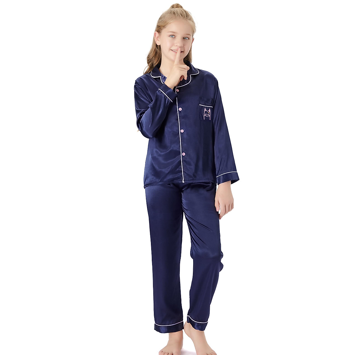 Topgal Junior Pajamas for Teen Girl - Satin Silky Button Up Cute Pyjama PJS Size 16 Navy