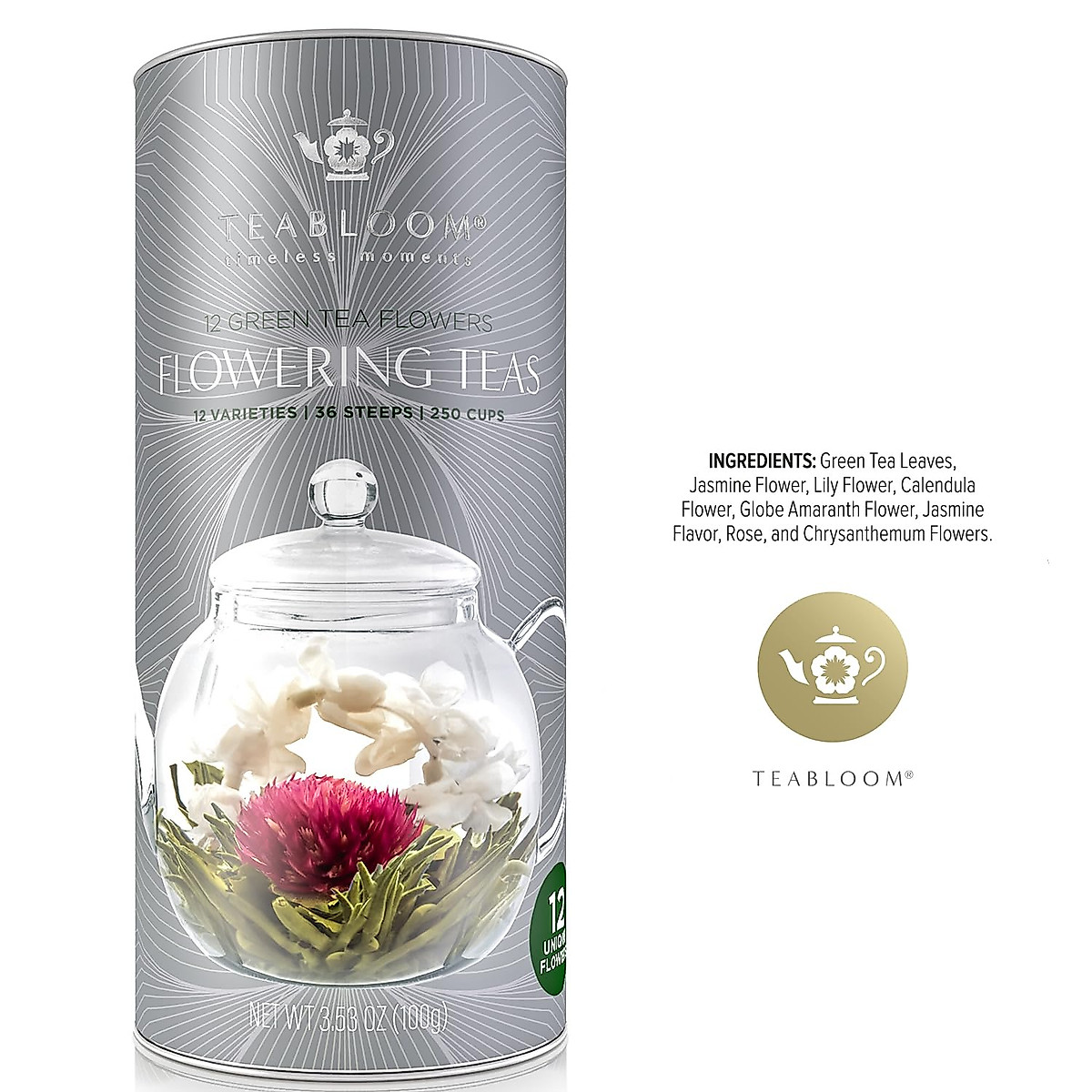 Teabloom Flowering Tea - 12 Unique Varieties of Fresh Blooming Tea Flowers - Hand-Tied Natural Green Tea Leaves & Edible Flowers - 12-Pack Gift Canister - 36 Steeps, Makes 250 Cups