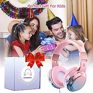 QearFun Headphones for Girls Kids for School,Cool Kids Wired Headphones with Microphone&3.5mm Jack,Teens Noise Cancelling Headphone with Adjustable Headband for Tablet/Smartphones-Gradient Pink