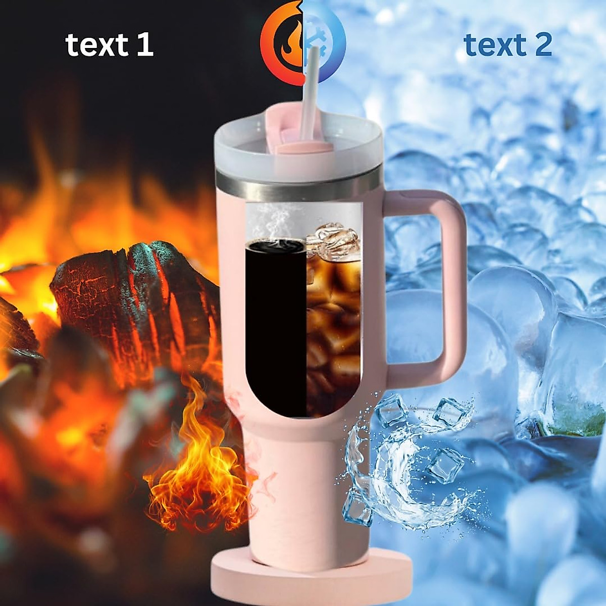 Queen Evelyn (QE) Travel Mug Quencher H2.0 FlowState Stainless Steel Vacuum Insulated Tumbler with Lid, Straw and Handle for Water, Iced Tea or Hot Coffee -Roze Quartz 40 Oz