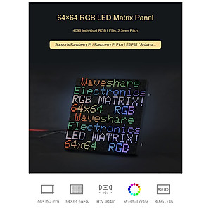Full-Color RGB LED Matrix Panel for Raspberry Pi 4B+ 4B 3B+ 3B 2B+ Zero W WH Pico ESP32 Ardui 2.5mm Pitch 64×64 Pixels Adjustable Brightness