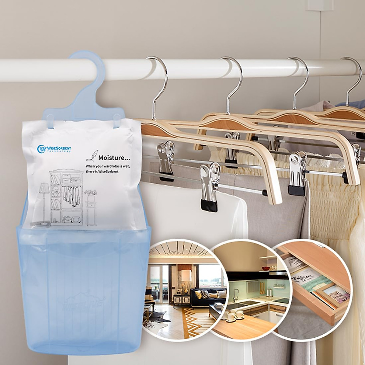 Wisesorb Moisture Absorber Packets with Plastic Case & Hook, Odor Eliminator, Leak Proof, Fragrance Free, Humidity Packs, Hanging Closet Dehumidifier Bags, Moisture Absorber (4 Packs)