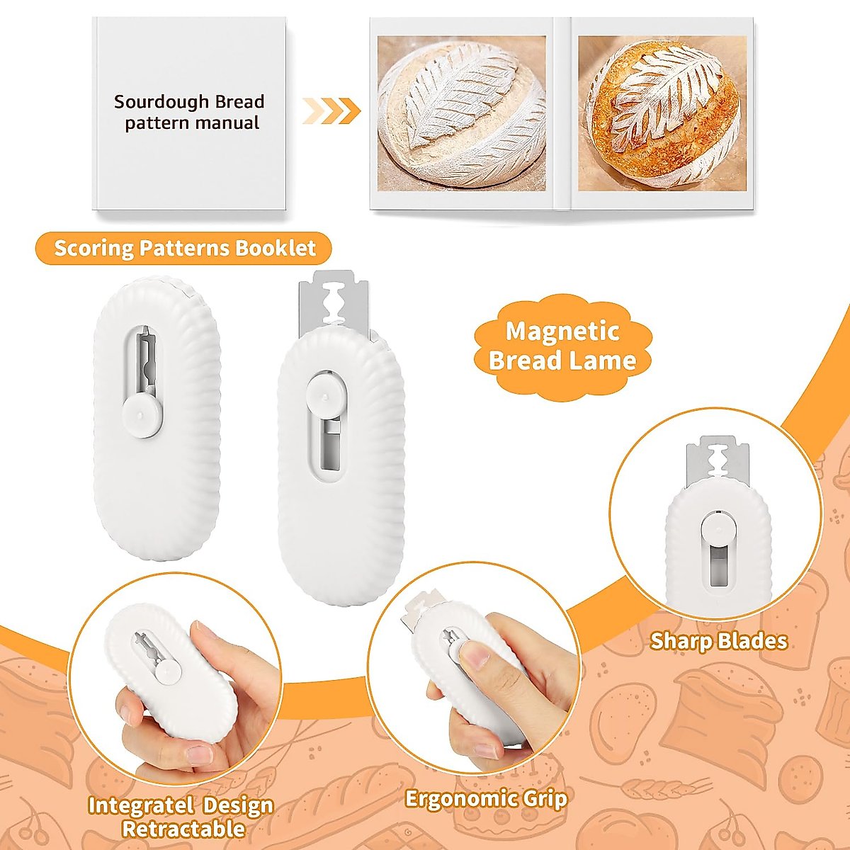 Faweskiy Magnetic Bread Lame Dough Scoring Tool-Sourdough Lame Scoring Tool, Bread Dough Cutter Slashing Razor Tool,Cutting Bread Scoring Tool for Sourdough Bread Baking-Patterns Booklet and 5 Blades