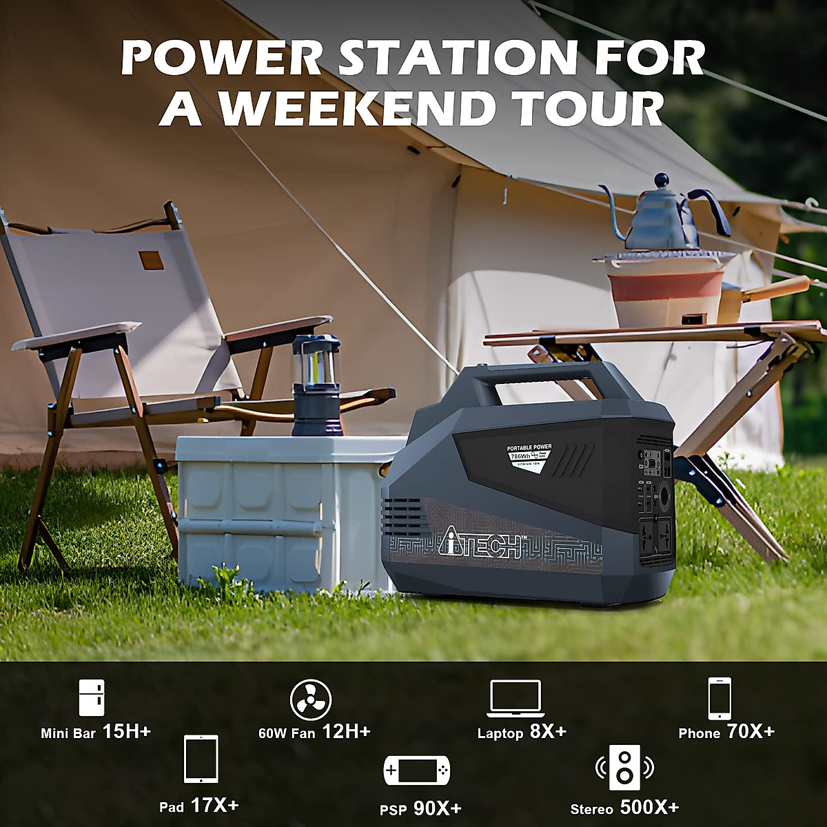 A-ITECH 786 Wh Portable Power Station 600W, Lithium Battery Capacity Solar Generator with AC Outlets, DC, USB-C, Backup Supply for Camping, Outdoor, RV, Emergency
