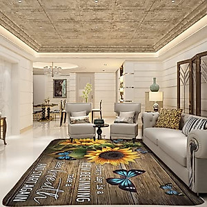 LUCKYYOUGAN Area Rug,Butterfly Sunflower on Wooden Board Non Slip Mat Area Rug Runners Floor Carpet for Kitchen Bedroom Living Room Children's Room Decoration,Farmhouse Decor 19.7x31.5inch