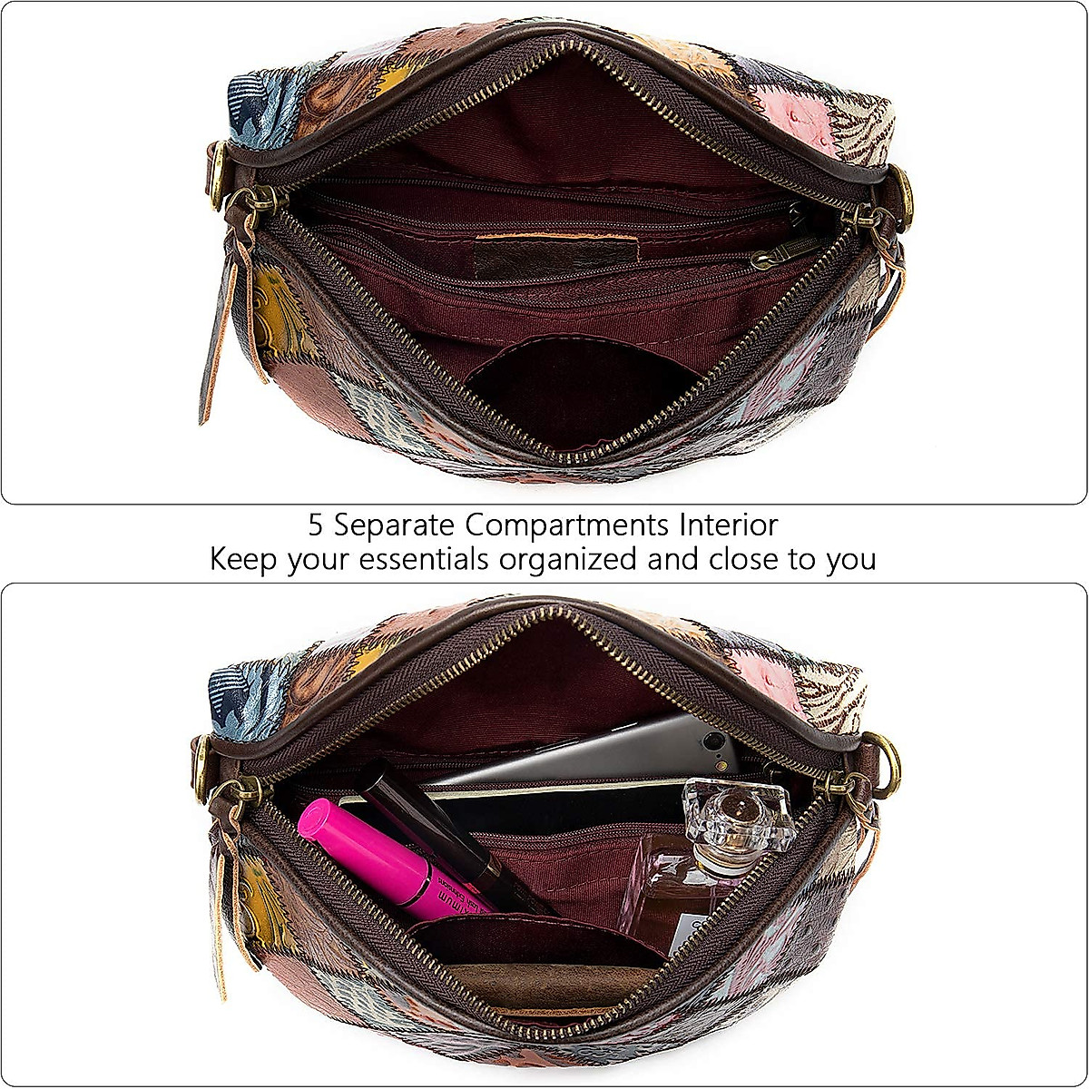 Womens Multicolor Small Crossbody Purse Genuine Leather Block Patchwork Shoulder Bag Boho