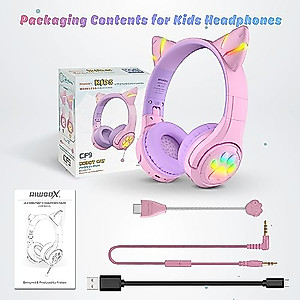 Riwbox CF9 Cat Ear Kids Bluetooth Headphones with LED Light Up,Safe 85dB Volume Limit,Built-in Mic&Boom Mic for Calls,Kids Wireless&Wired Headphones for Girls/Toddler/Online Learning/School (Purple)