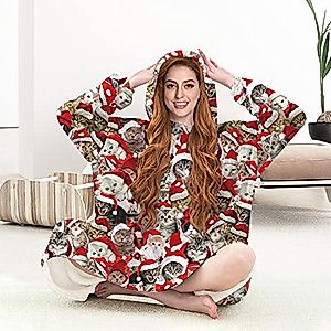Christmas Cat Sweatshirt Blanket Wearable Hooded Throw Hat Xmas Nap Sherpa Giant Big Pocket Holiday Party Gifts Oversized Sweater Jacket Hoodies For Teens Girls