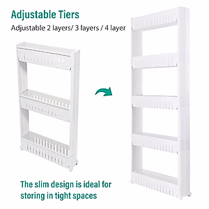 Simplify Slim Slide Out Storage Cart | Dimensions: 21"x 5"x 40.2" | 5 Tier | Ideal for Storage in Tight Spaces | Great for Kitchens | Bathrooms | Laundry Rooms | Home Organization | White